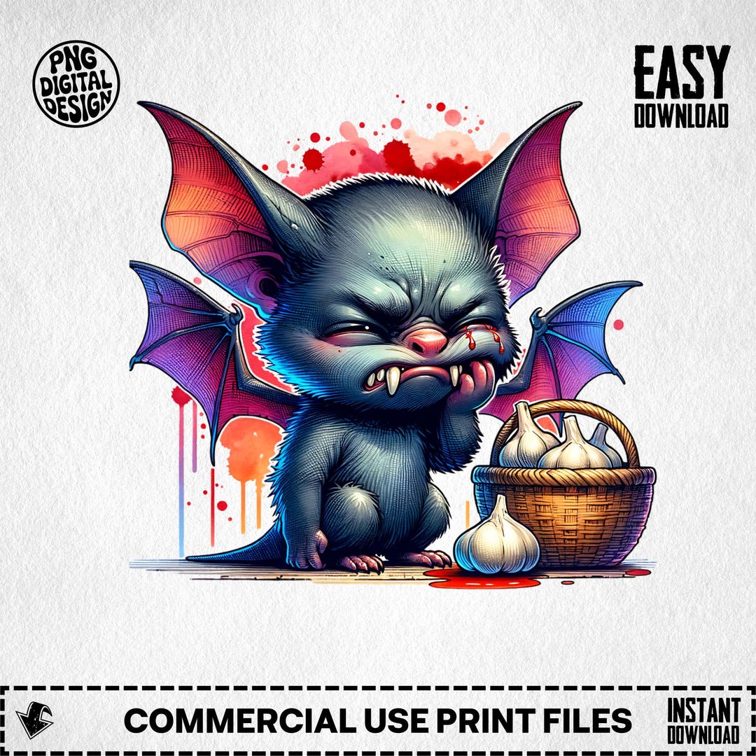 Grumpy Bat PNG, Vampire Cartoon Art, Halloween Digital Image, Garlic ...