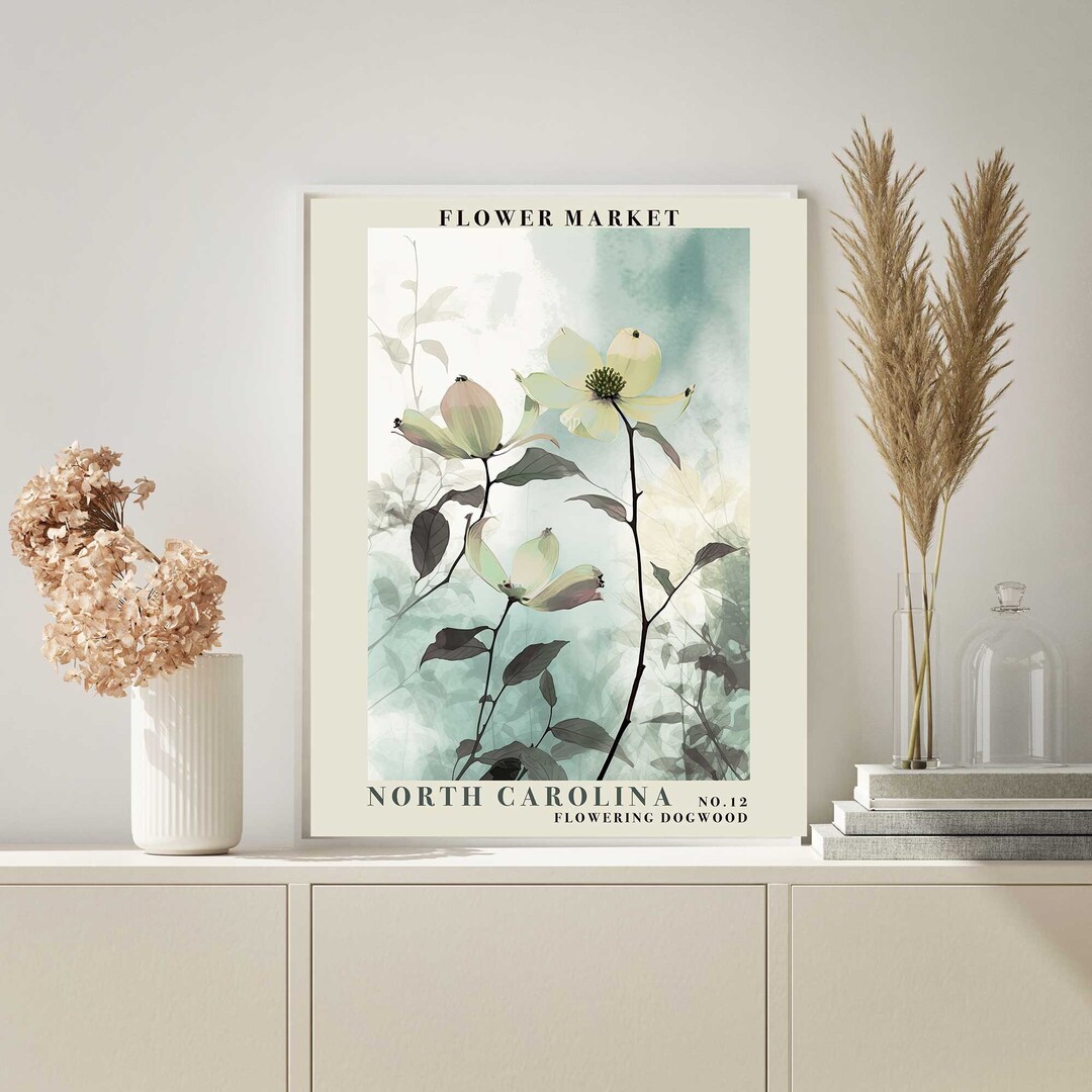 North Carolina Flowering Dogwood Flower Market Print Poster, V1, NC State Flower Botanical Wall ...