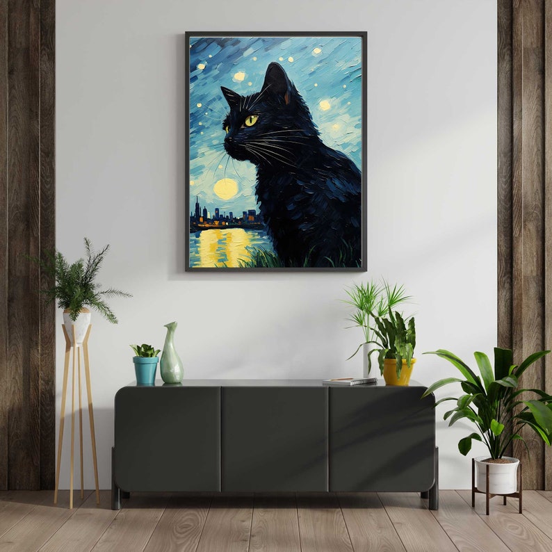 Van Gogh's the Starry Night Black Cat Poster, Digital Print Download ...