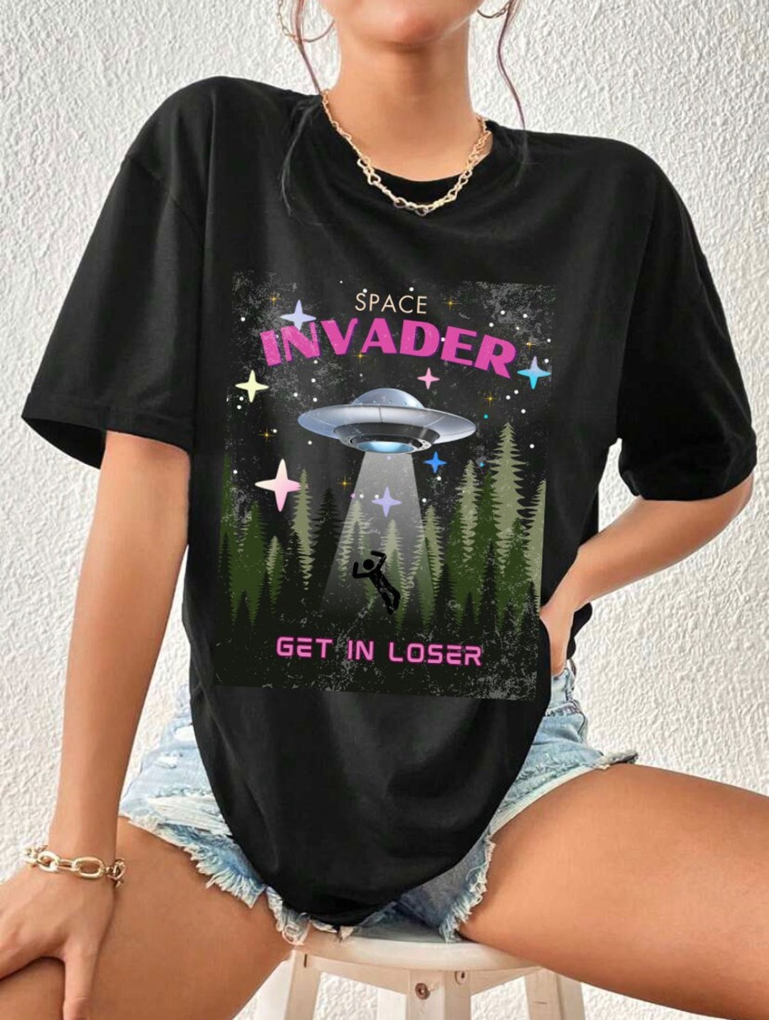 Space Invader UFO Shirt Funny Alien Graphic Tee UFO Cute Outer Space ...