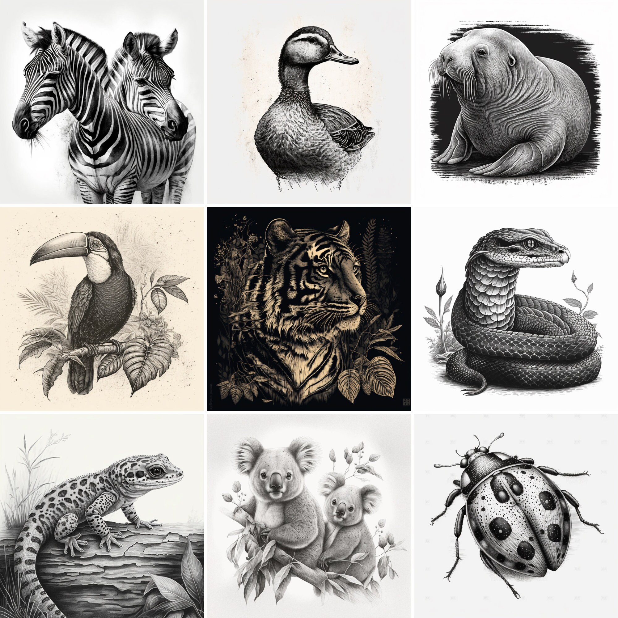 100 Vintage Animal Prints Mega Bundle Black and White Illustrations ...