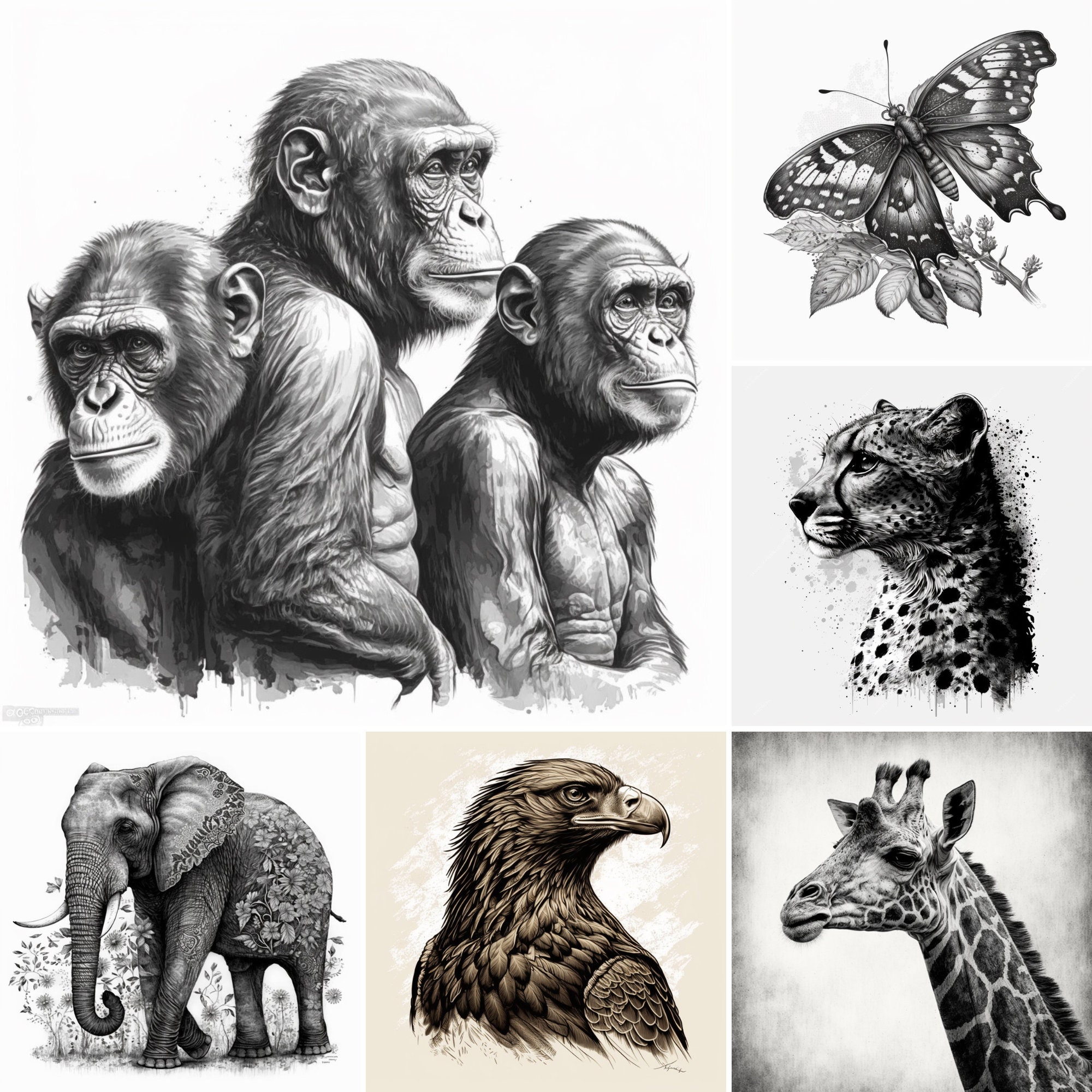 100 Vintage Animal Prints Mega Bundle Black and White Illustrations ...