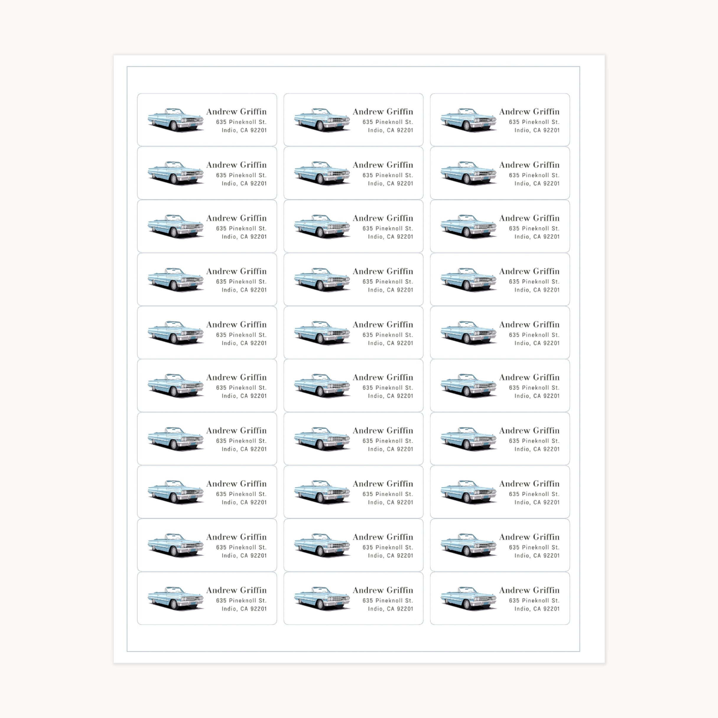 Classic Car Return Address Labels, Personalized Self - Adhesive Return ...