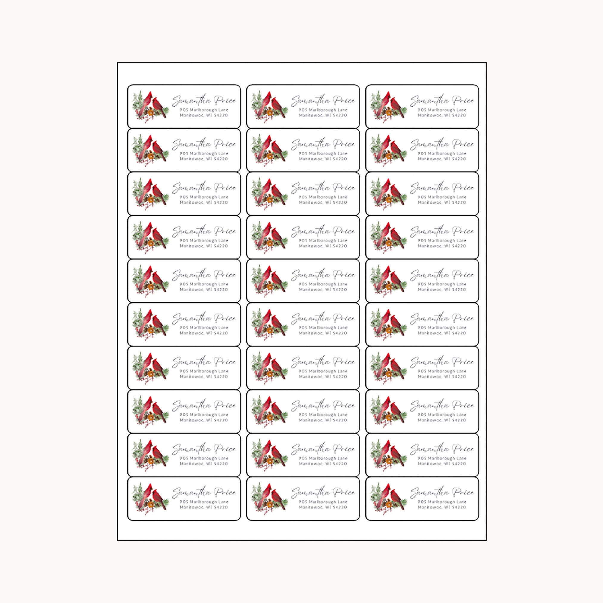 Christmas Cardinal Return Address Labels, Personalized Self - Adhesive ...
