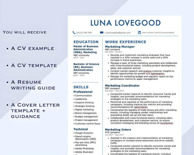One Page Resume Minimalist Template in Navy, Professional Resume ...