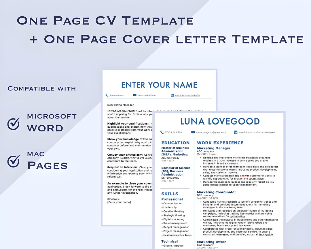 One Page Resume Minimalist Template in Navy, Professional Resume ...