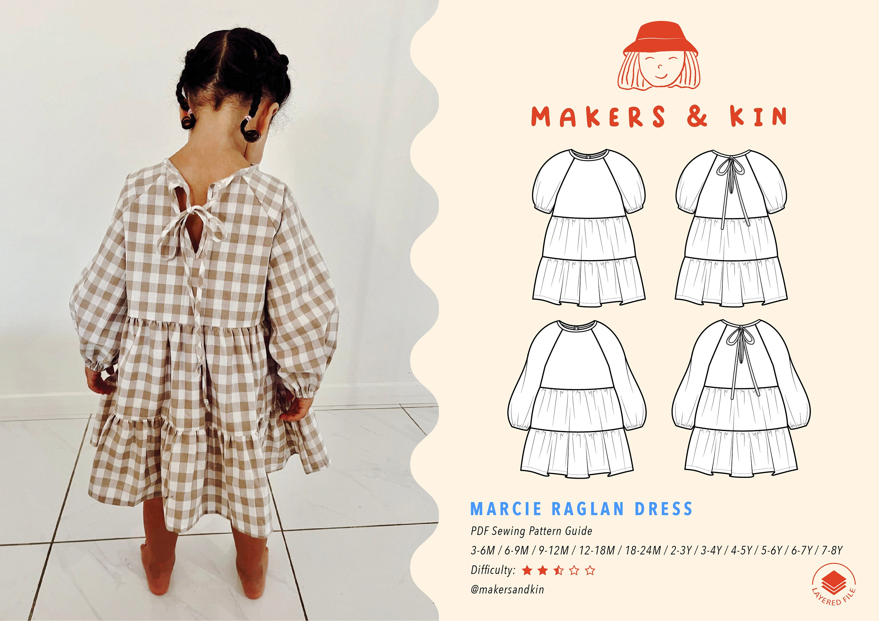 Marcie Raglan Tiered Dress Sewing Pattern, Girls Size 3m-8y (PDF File ...