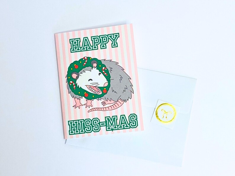 Happy Hiss-mas Card - Striped Background, Opossum Christmas, Funny ...
