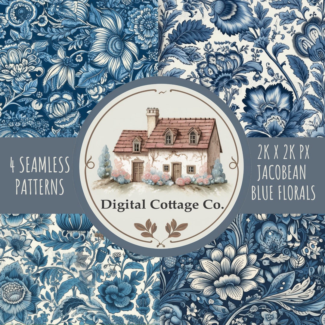 Jacobean Blue Floral Seamless Patterns in a PNG Format for - Etsy