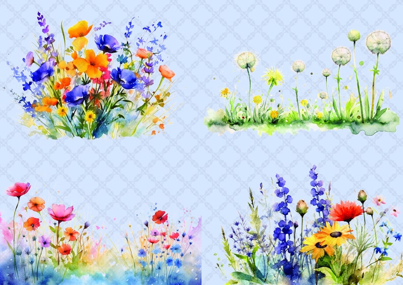 Watercolor Meadow Flowers Clipart Spring Wildflower Floral PNG Format ...