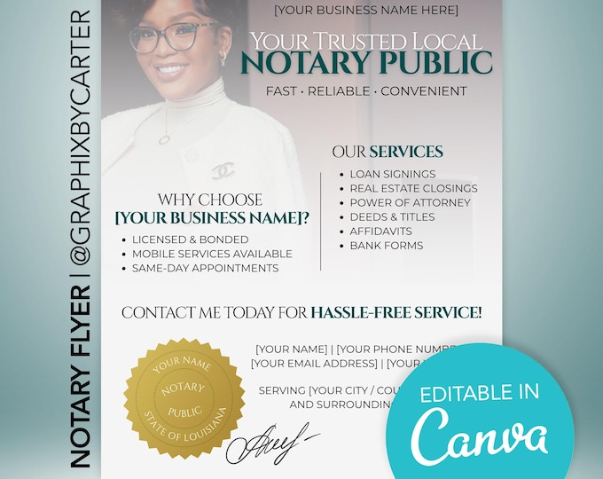 Editable Notary Public Flyer Template: Canva Business Marketing ...