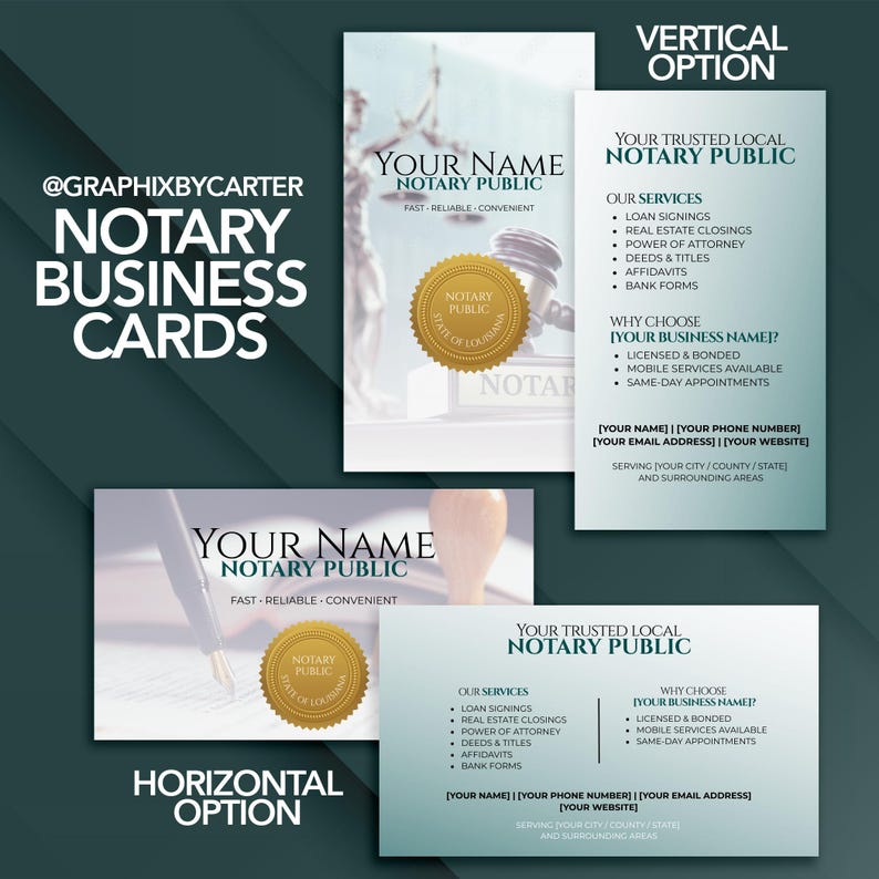 Editable Notary Public Business Card Template: Vertical & Horizontal ...