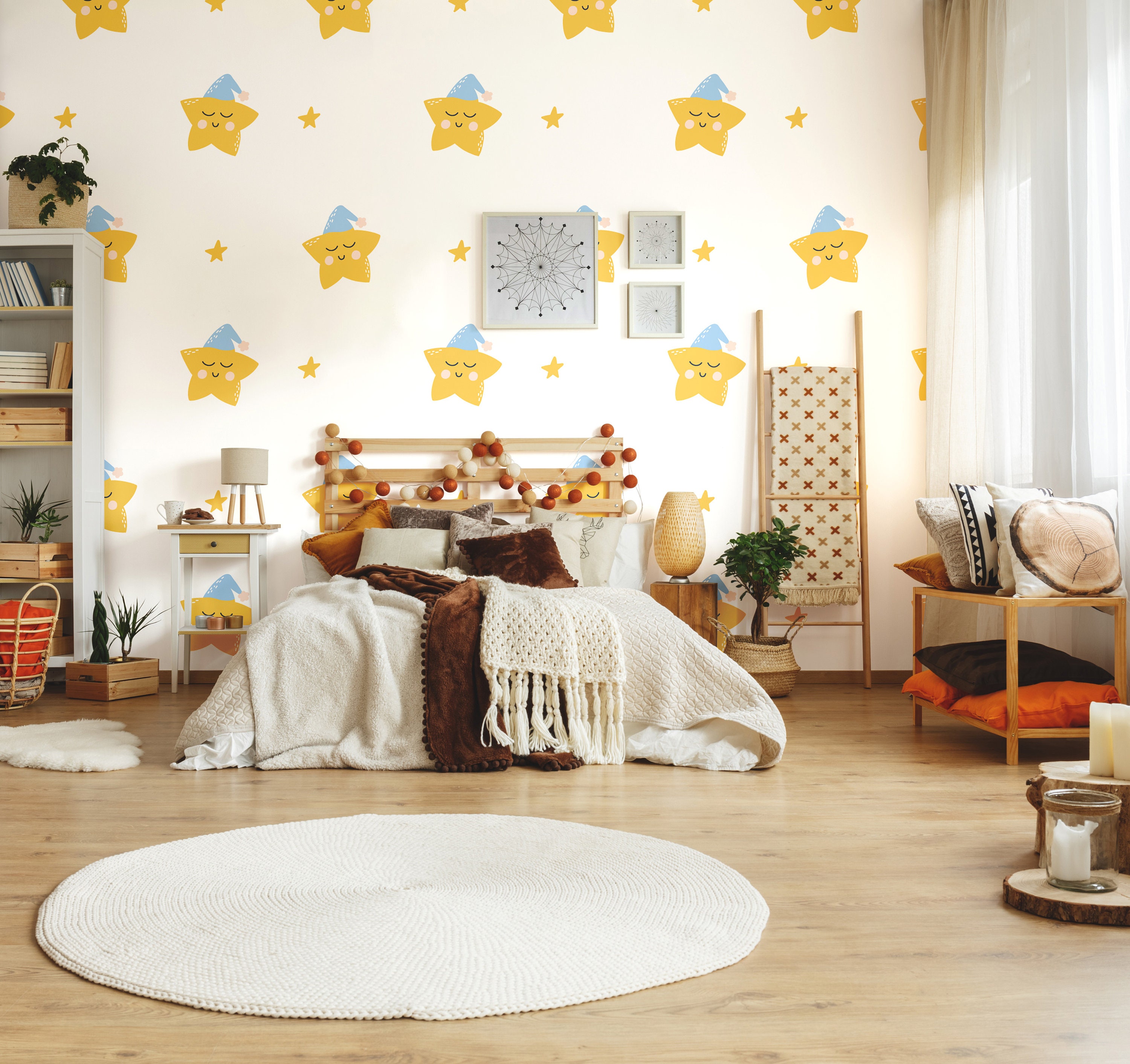 Kids Bedroom Sleepy Night Sky Wallpaper Cute Bedtime Stars Pattern ...