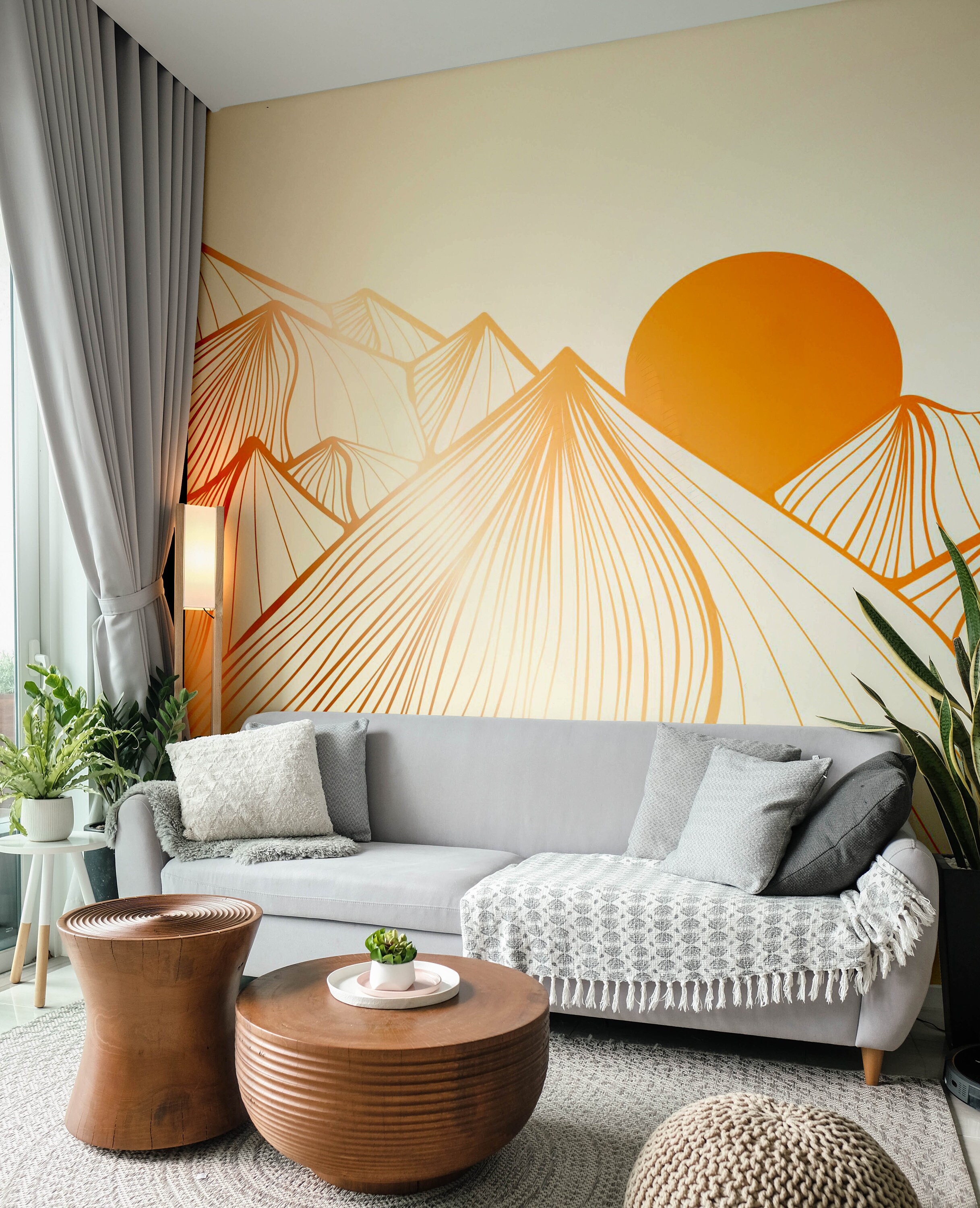 Whimsical Modern Abstract Linear Mountains Sunrise Wallpaper: Nature ...