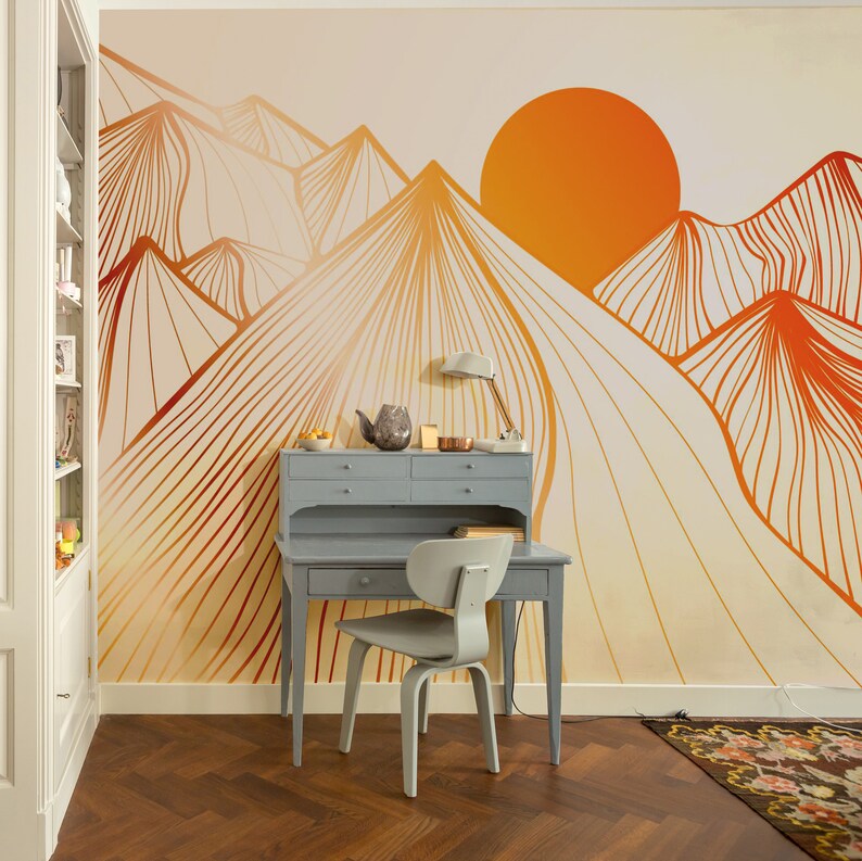 Whimsical Modern Abstract Linear Mountains Sunrise Wallpaper: Nature ...