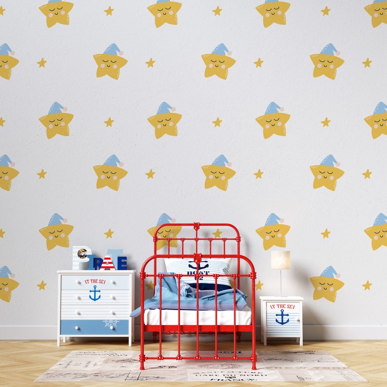 Kids Bedroom Sleepy Night Sky Wallpaper Cute Bedtime Stars Pattern ...