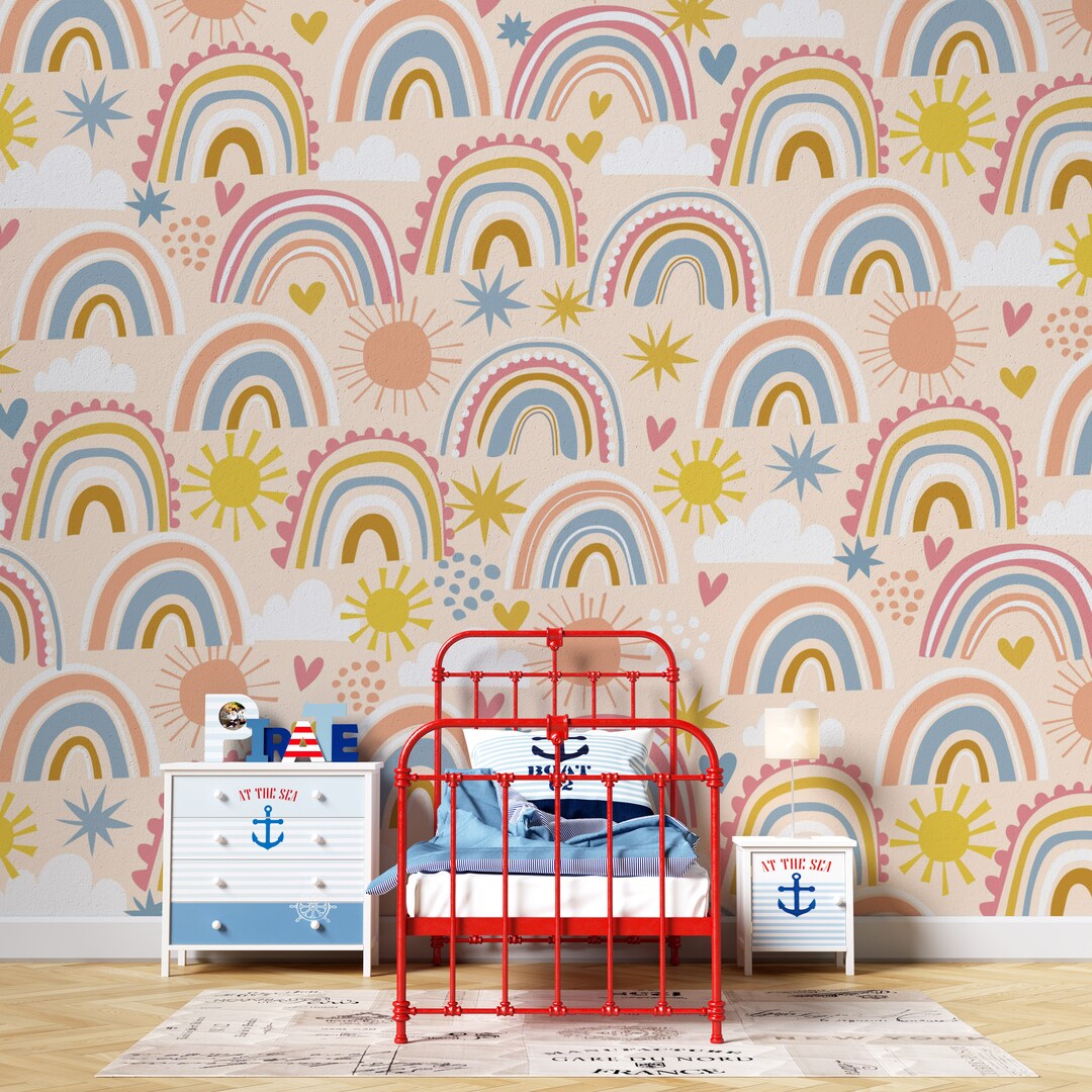 Light Pink Rainbow Wallpaper Nursery Self Adhesive Wallpaper Watercolor ...