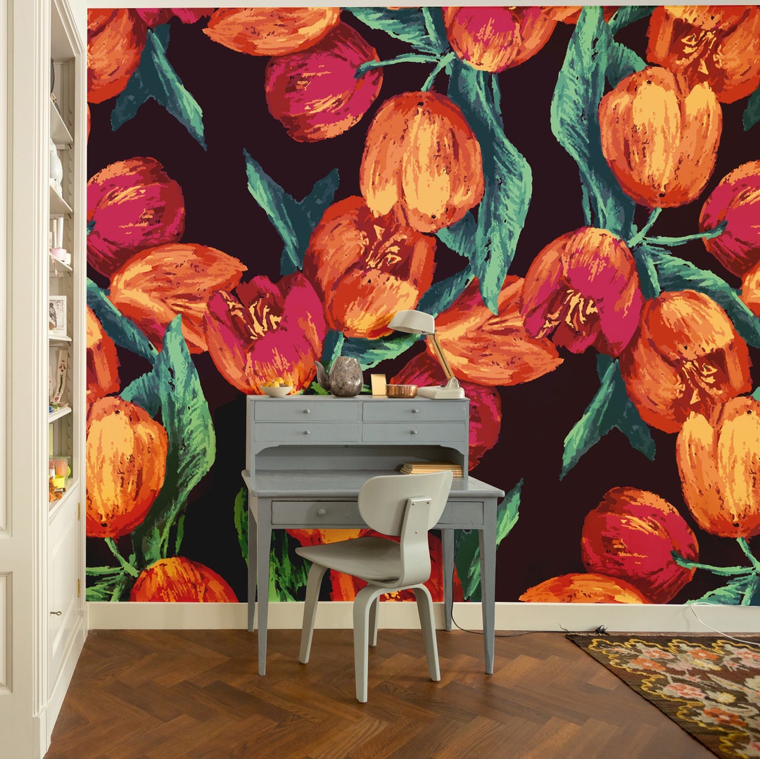Tulips Flowers Peel and Stick Wallpaper Orange Flower Self Adhesive ...