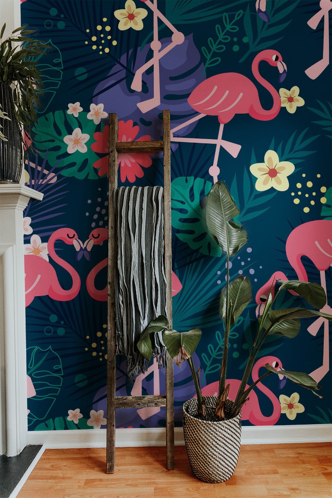 Dark Blue and Pink Flamingo Floral Wallpaper Baby Room Flamingo Peel ...