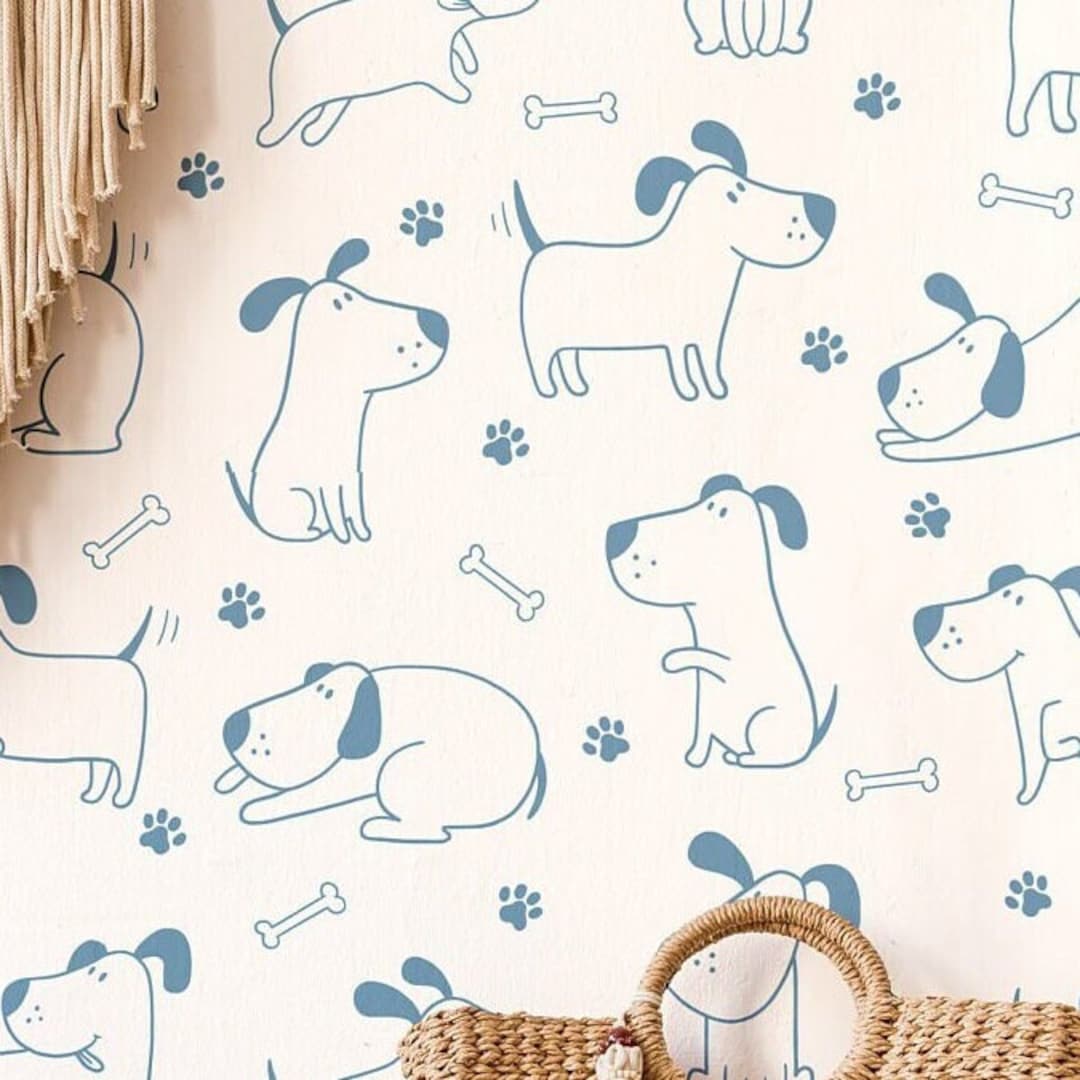 Dog Wallpaper: Blue Dog Doodle Style Minimalist Kids Room or Living ...