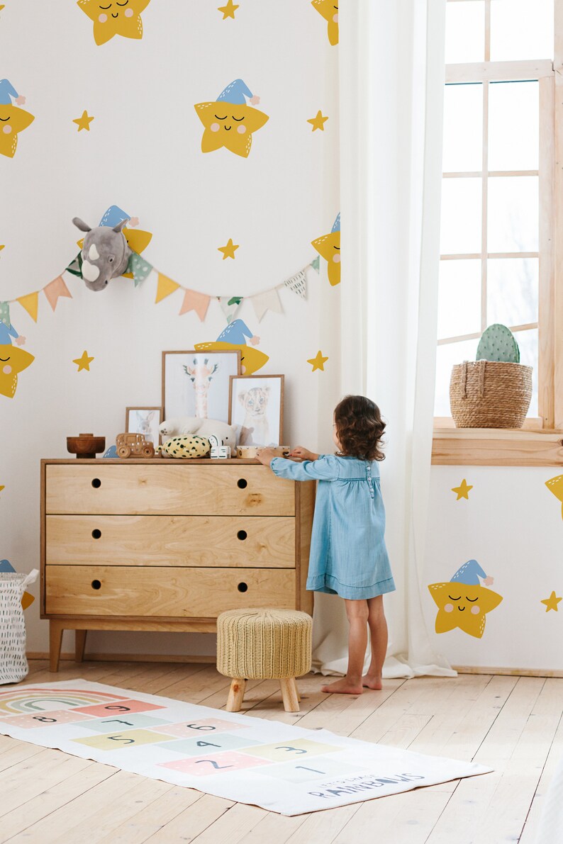 Kids Bedroom Sleepy Night Sky Wallpaper Cute Bedtime Stars Pattern ...