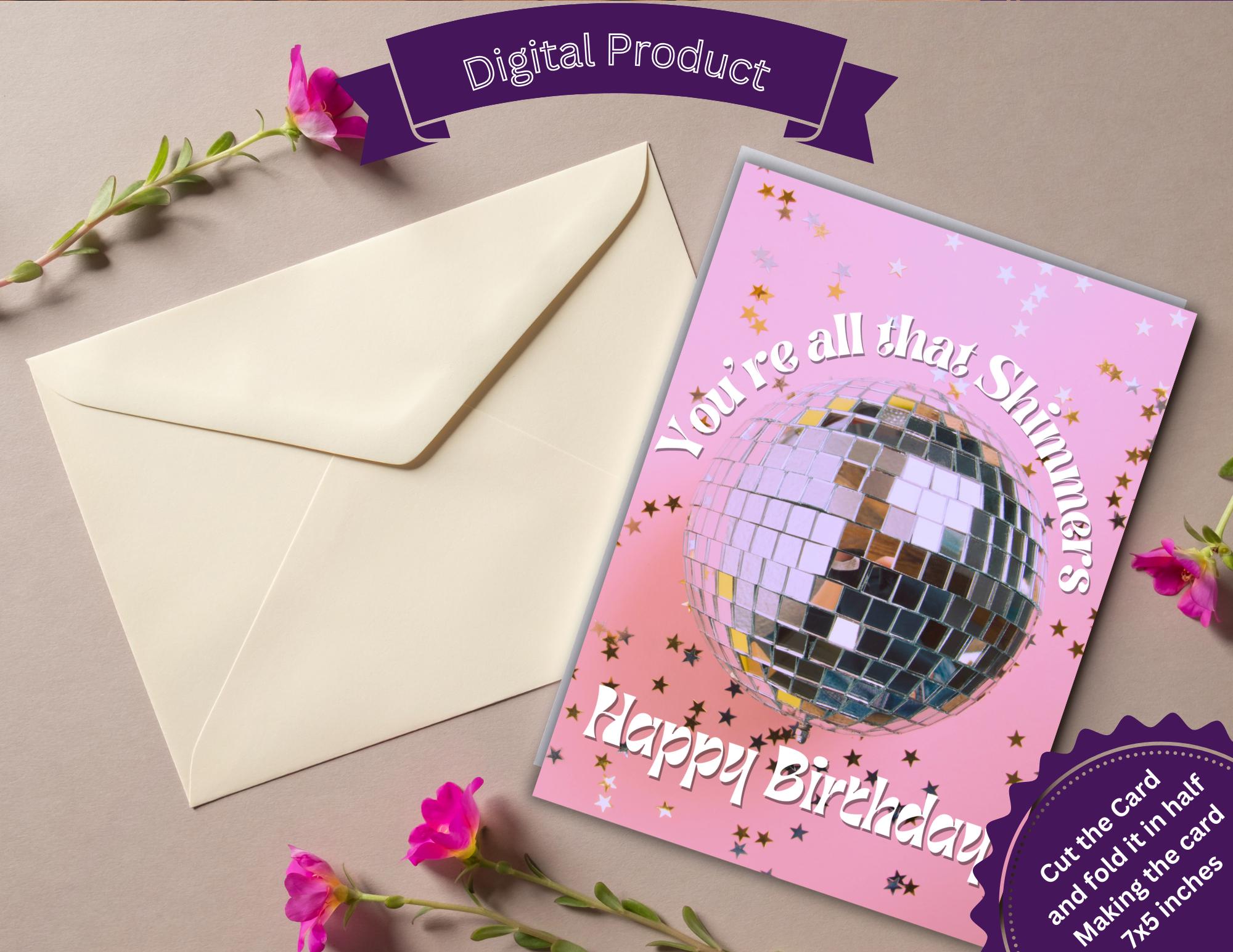 Printable Birthday Card You're All That Shimmers Pink Disco Ball Disco ...