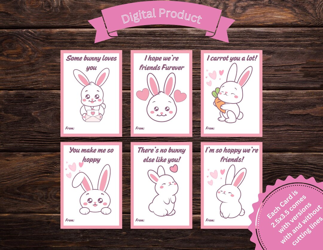 12 Printable Kids Bunny Themed Valentines Day Cards 2.5 X 3.5, Standard ...