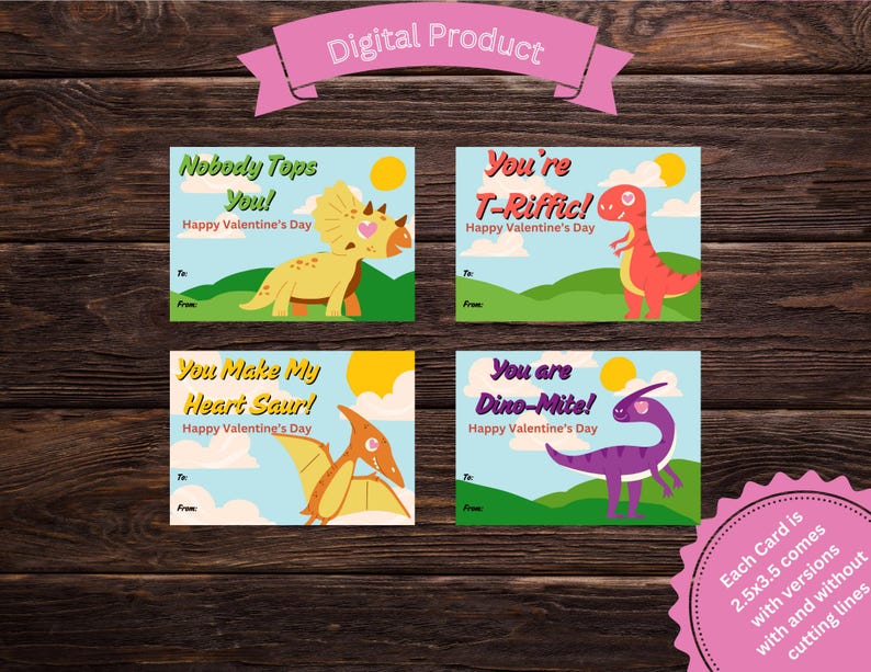 12 Printable Kids Dinosaur Themed Valentines Day Cards 2.5 X 3.5 ...