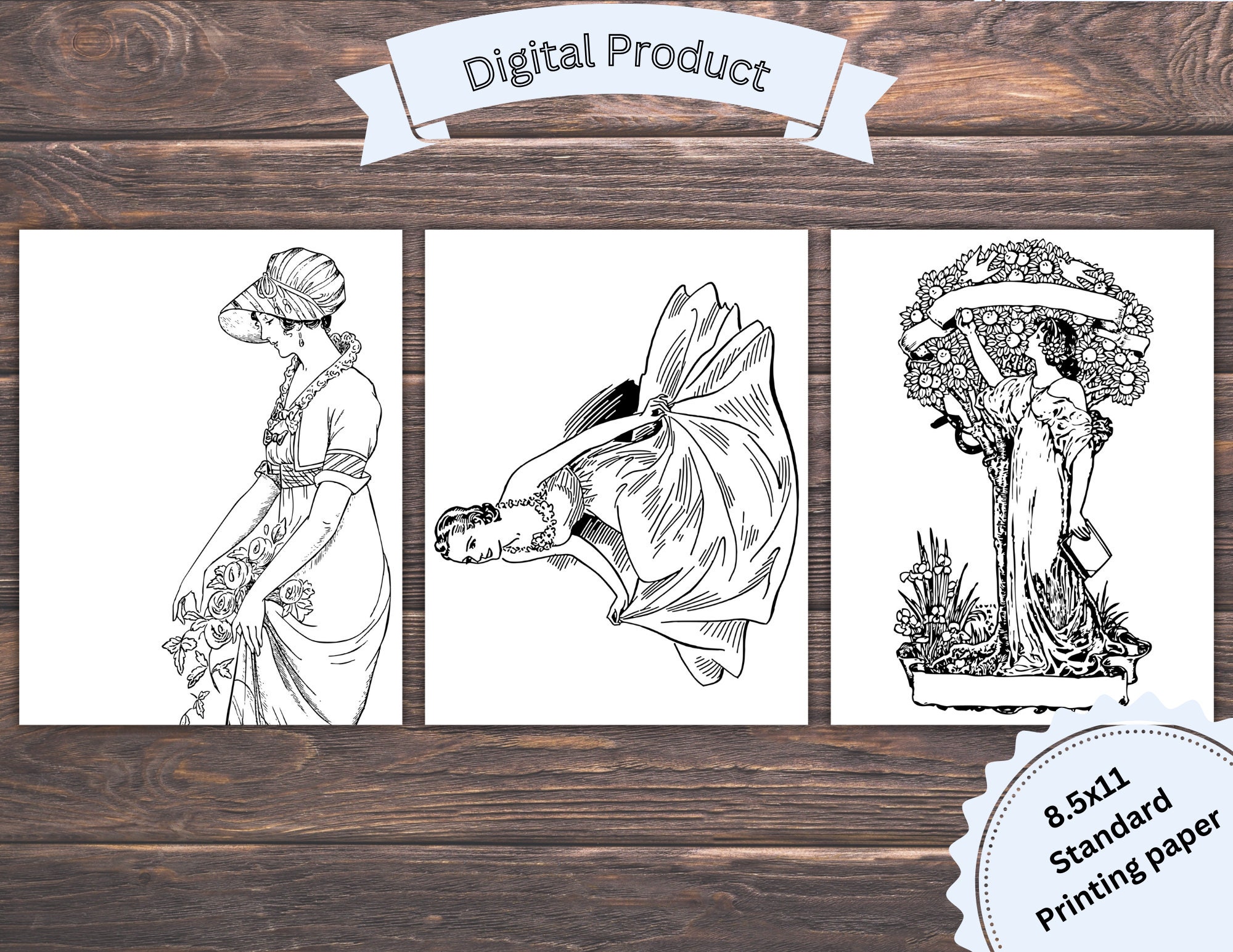 25 Printable Coloring Pages, Antique and Vintage Ladies, Coloring Book ...