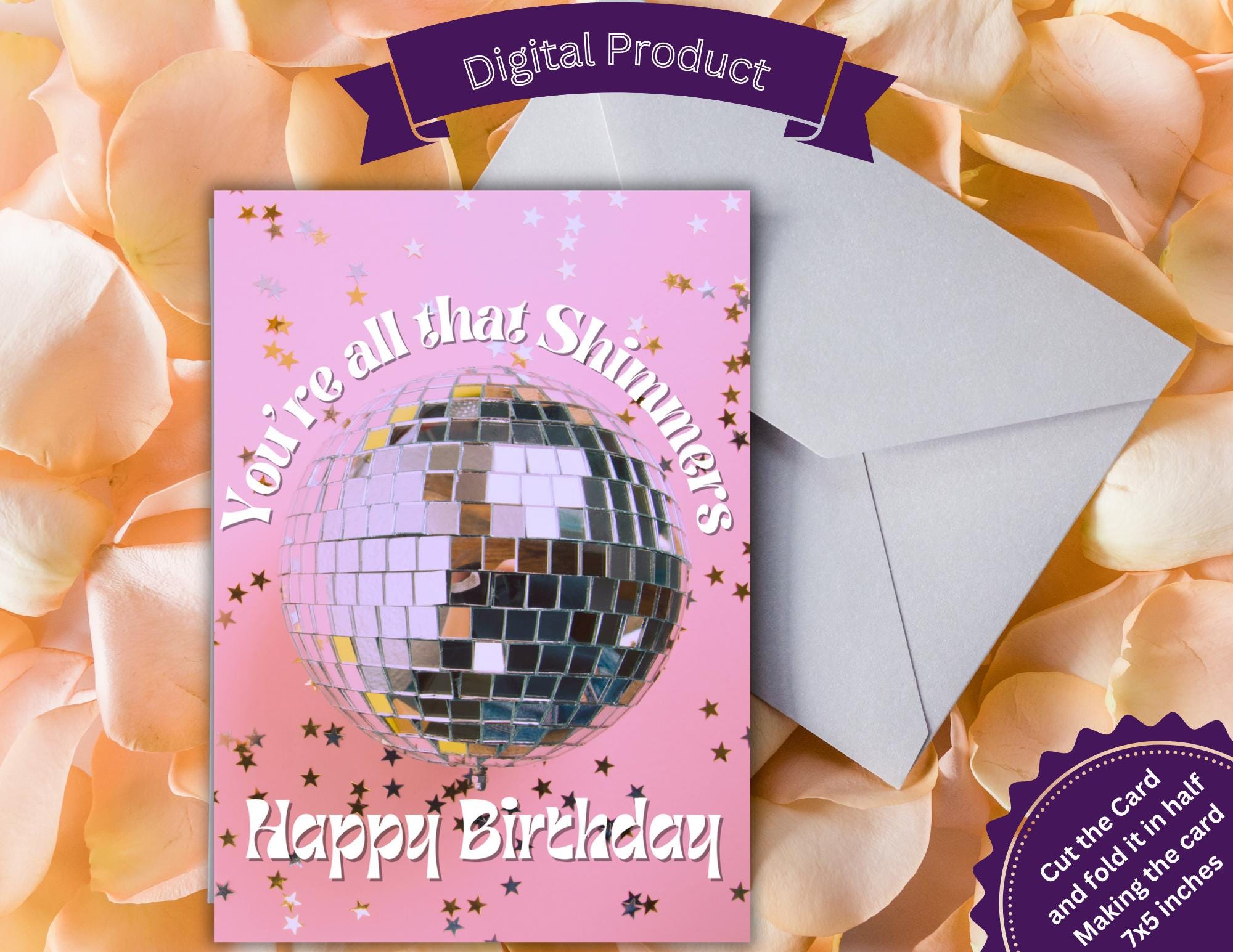 Printable Birthday Card You're All That Shimmers Pink Disco Ball Disco ...