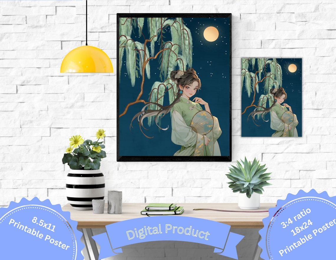 Printable Wall Art, Poster, Anime Woman Under Weeping Willow, Chinese ...