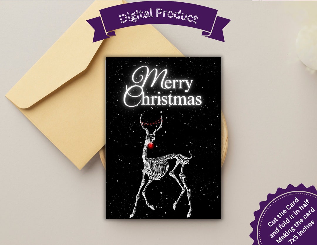 Printable Christmas Card, Xmas, Horror Themed, Reindeer Skeleton, Goth ...