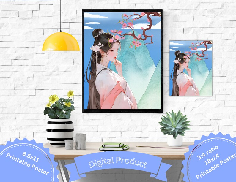 Printable Wall Art, Poster, Anime Woman in Front of Mountains, Chinese ...