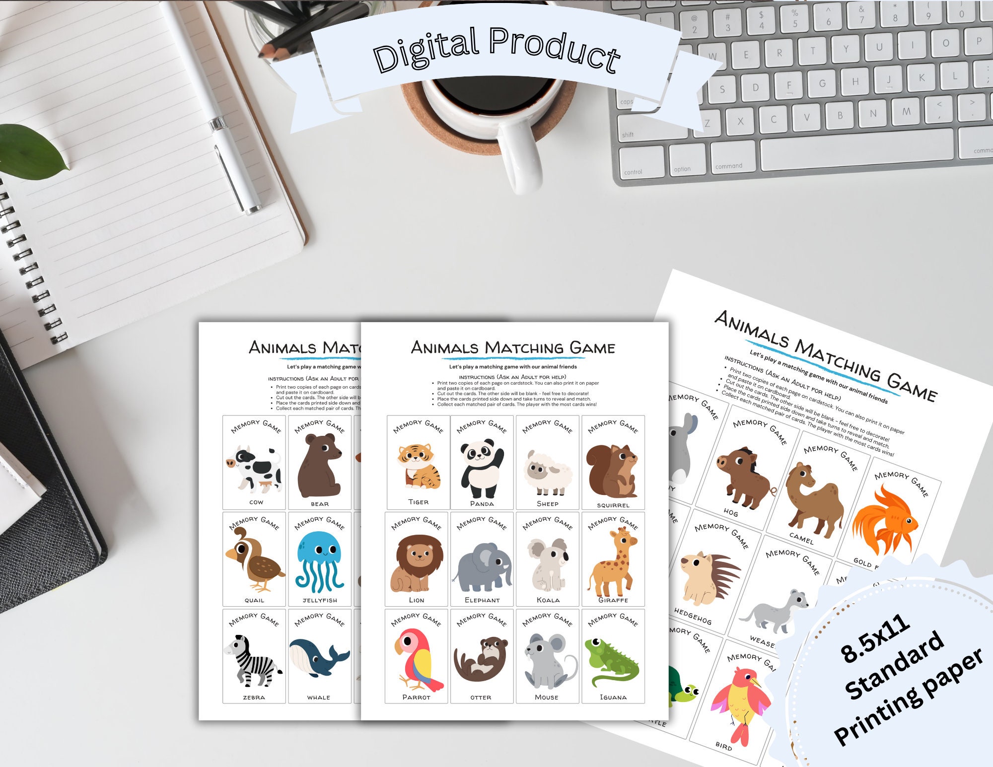 Printable Matching Game 3 Pages, Animal Themed, Game for Kids ...