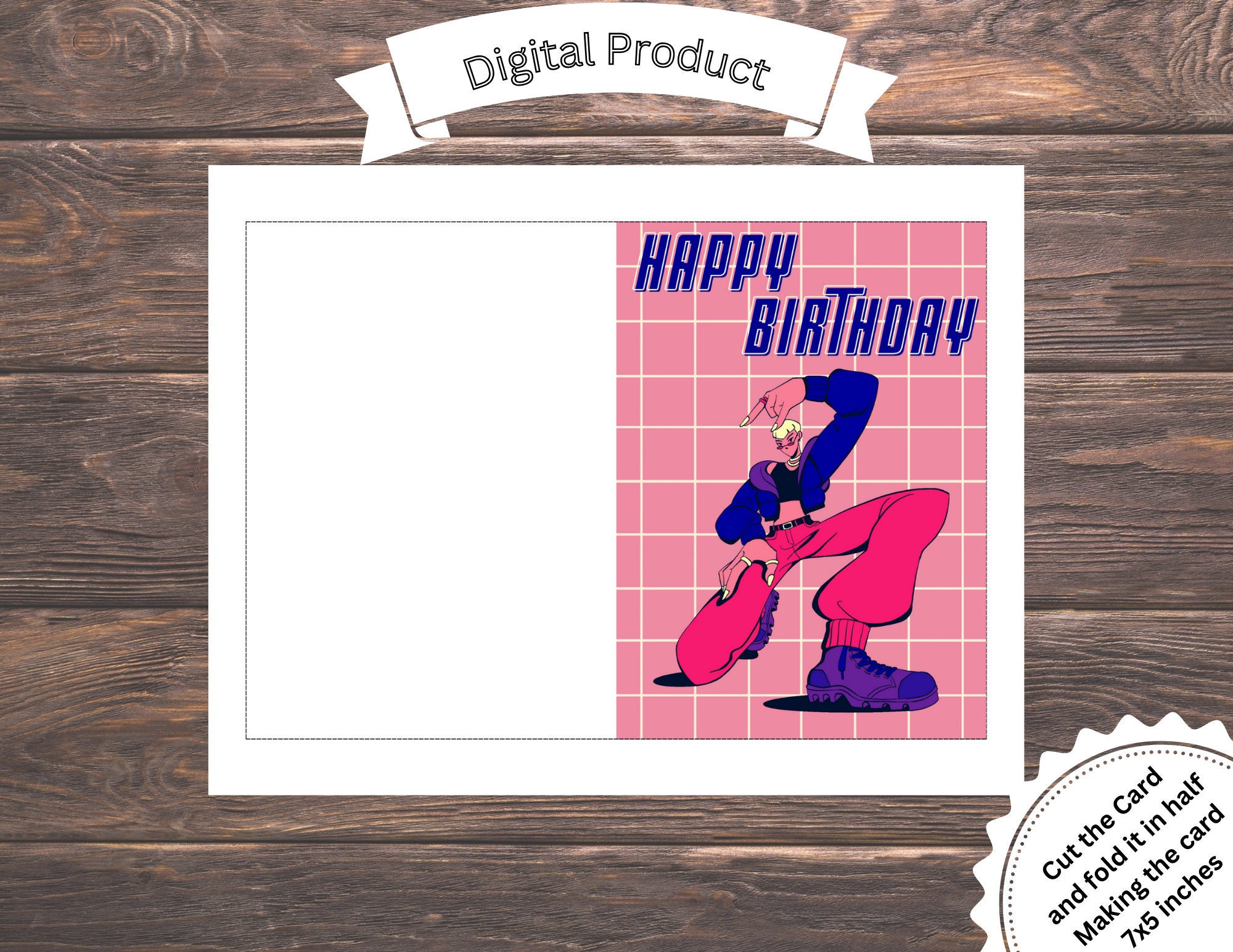 Printable Y2k Dance Themed Birthday Card, Cartoon Girl, Pink, Card for ...