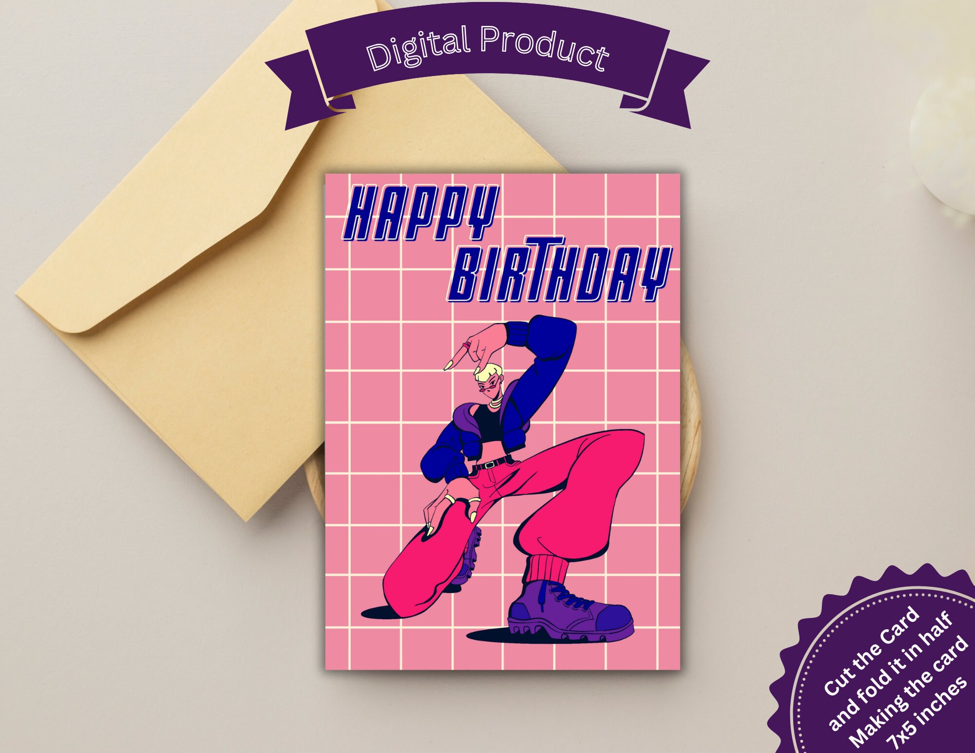 Printable Y2k Dance Themed Birthday Card, Cartoon Girl, Pink, Card for ...