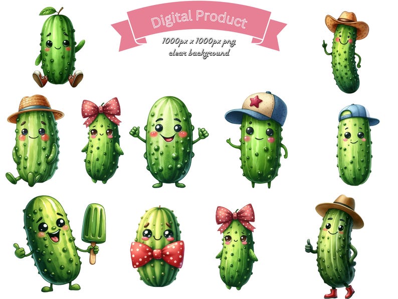 50 Pickle Characters Clipart PNG Watercolor Pickles Clip Art Painting ...