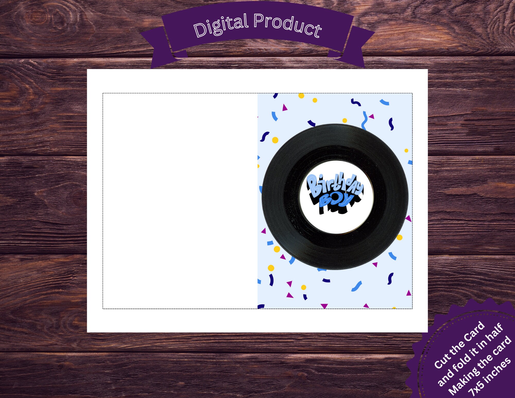 Printable Birthday Card, Birthday Boy, Retro, Vinyl Record, Blue, Print ...