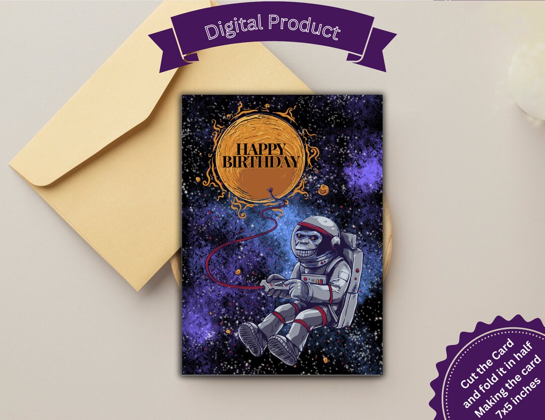 Printable Birthday Card, Mischievous Astronaut Card, Blowing up Sun ...