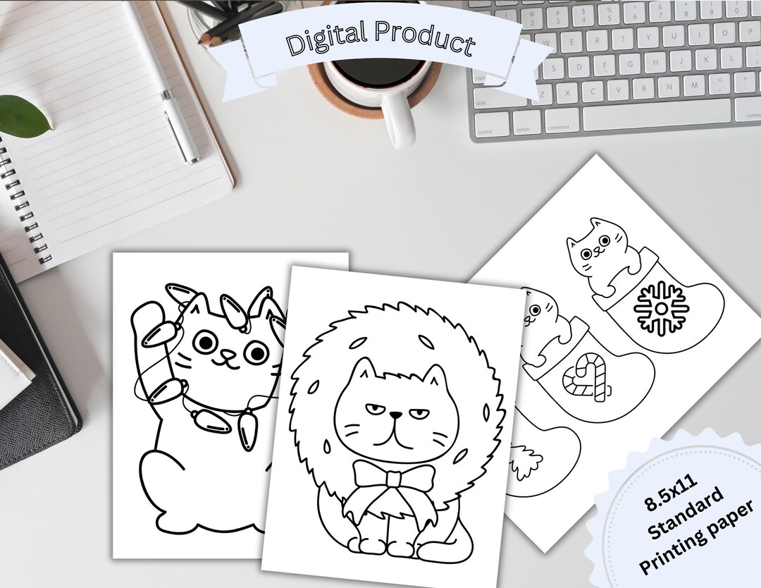 25 Printable Coloring Pages, Christmas and Winter Themed, Cats, Kitten ...