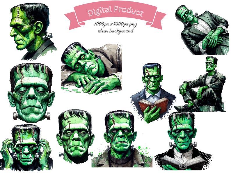Watercolor Frankenstein Clipart Bundle Hallowennn Pngs Clear Background ...