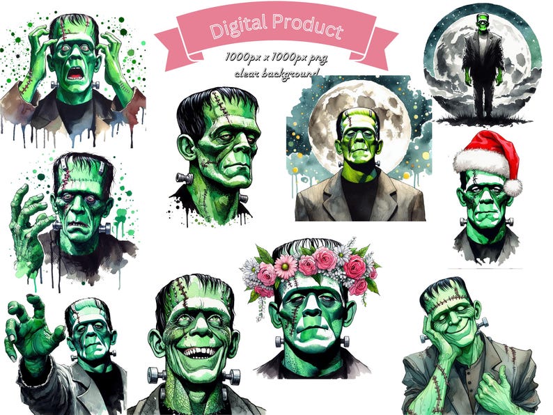 Watercolor Frankenstein Clipart Bundle Hallowennn Pngs Clear Background ...