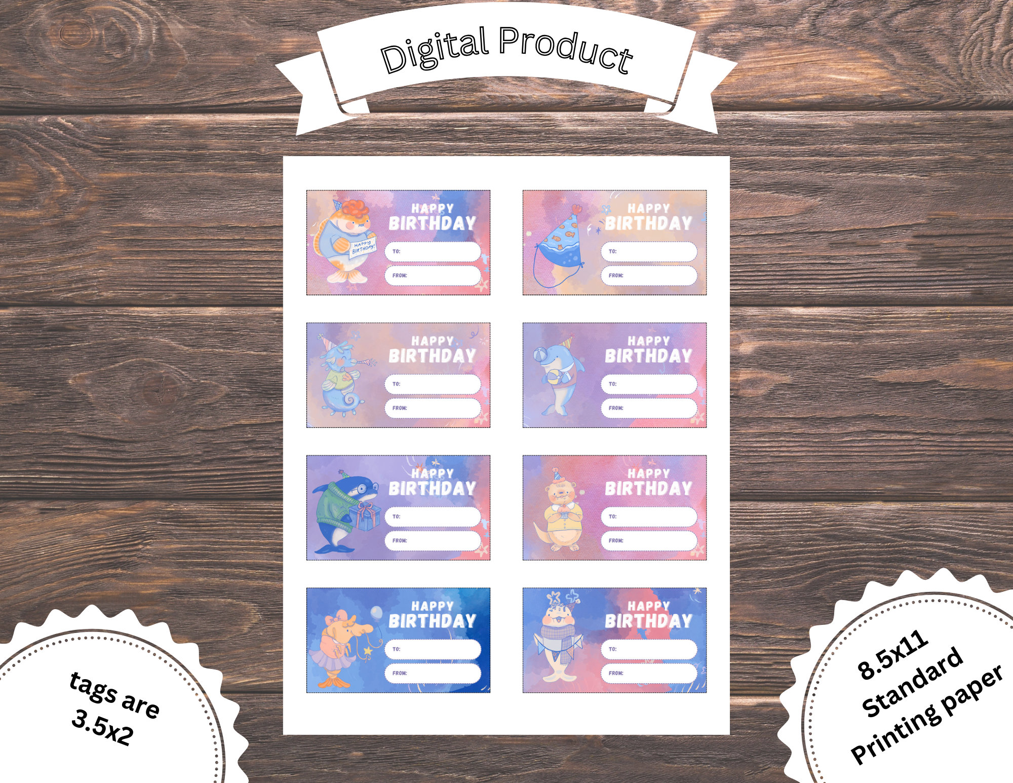 16 Printable Ocean-themed Happy Birthday Gift Tag Cute Cartoon Ocean ...