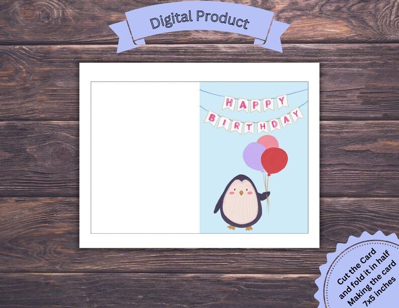 Printable Birthday Card Happy Birthday Penguin With Balloons, Card for ...