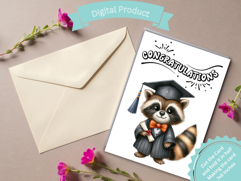 Printable Raccoon Graduation Card Trash Bandit Art Watercolor Racoon ...