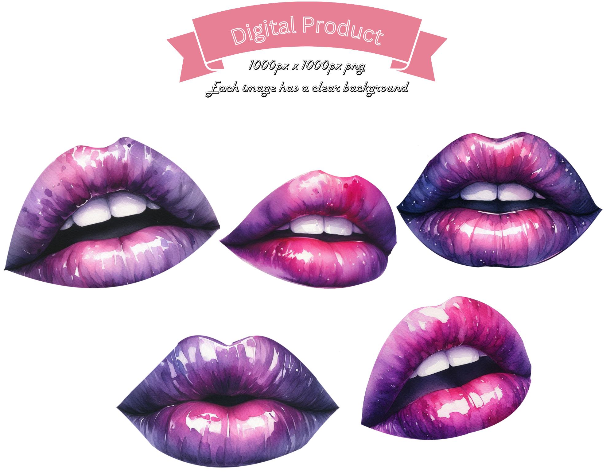 20 Watercolor Lips Clipart: Kiss PNG, Green, Blue & Purple (digital ...