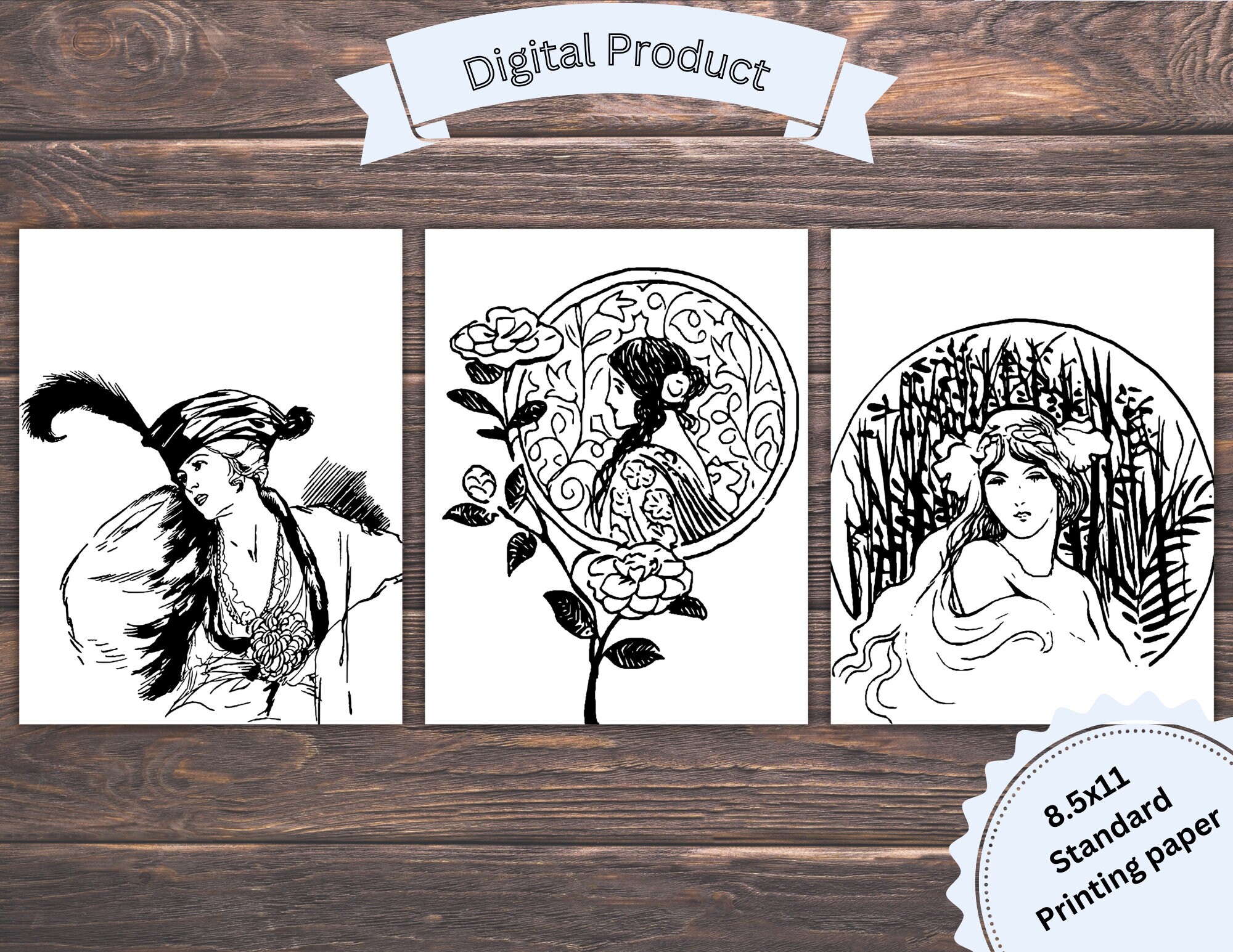 25 Printable Coloring Pages, Antique and Vintage Ladies, Coloring Book ...