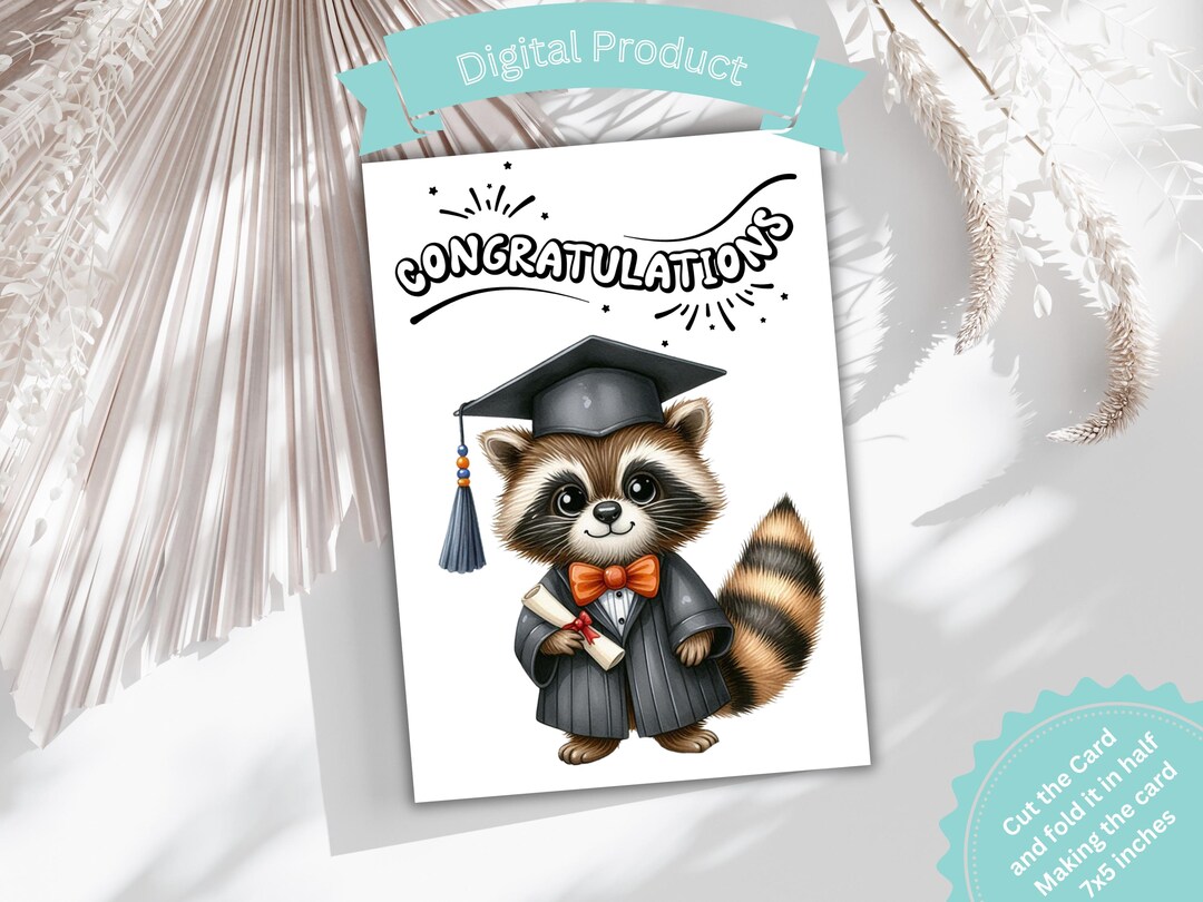 Printable Raccoon Graduation Card Trash Bandit Art Watercolor Racoon ...