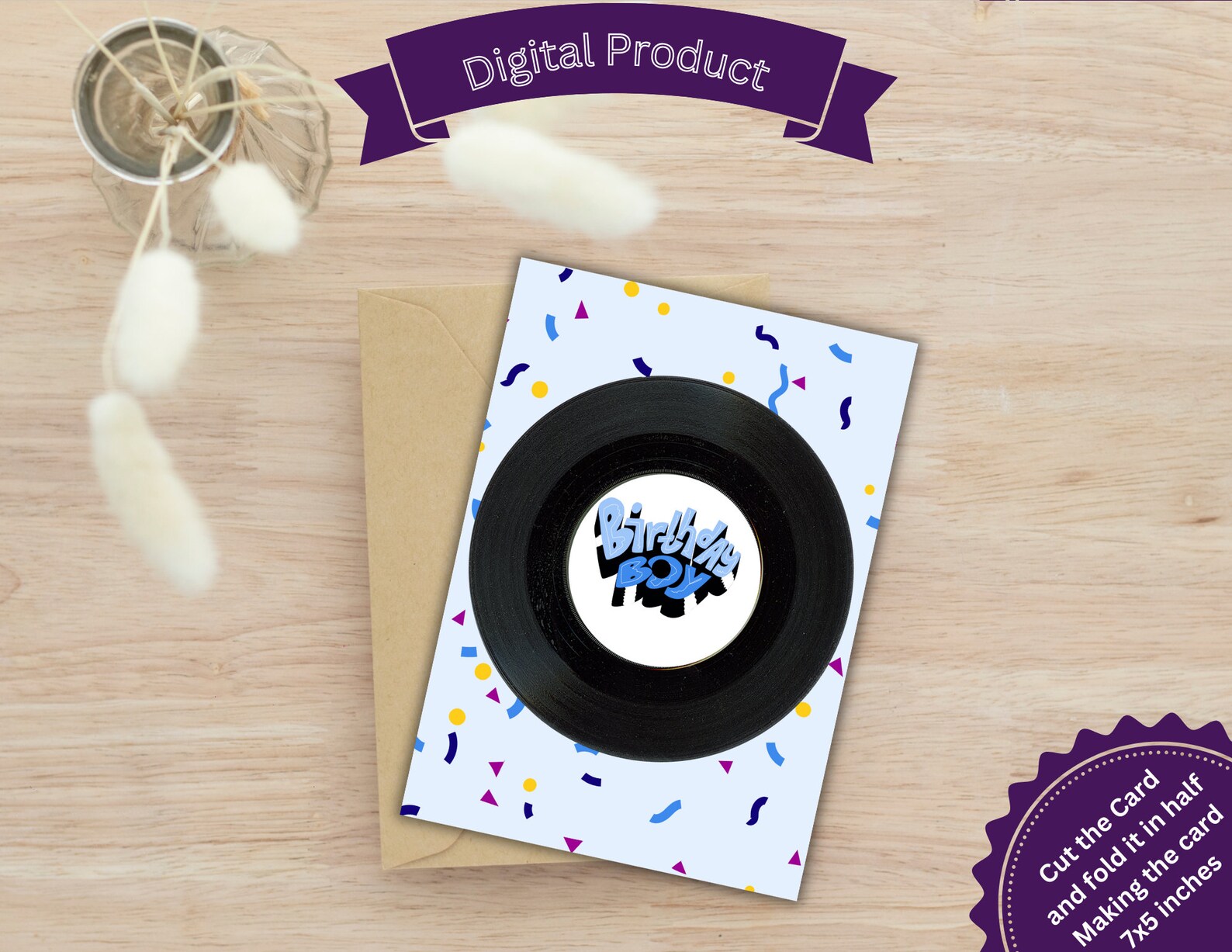 Printable Birthday Card, Birthday Boy, Retro, Vinyl Record, Blue, Print ...