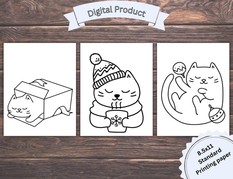 25 Printable Coloring Pages, Christmas and Winter Themed, Cats, Kitten ...